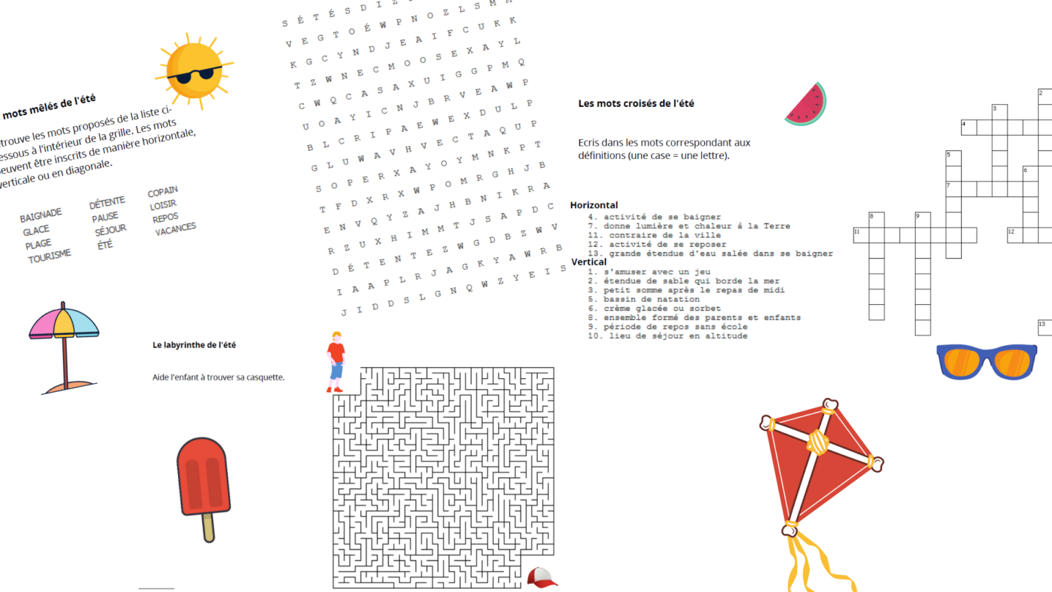 Vacances 3 jeux autour de l'été mots croisés - Apprendre, réviser ...