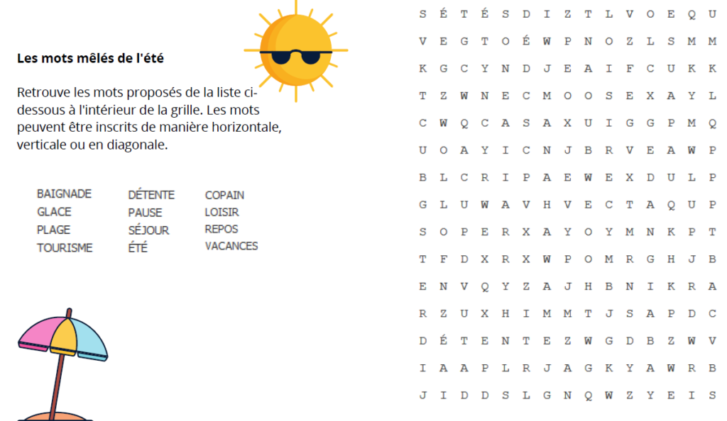 3 jeux de l'été pour les enfants en vacances (mots croisés et mêlés)
