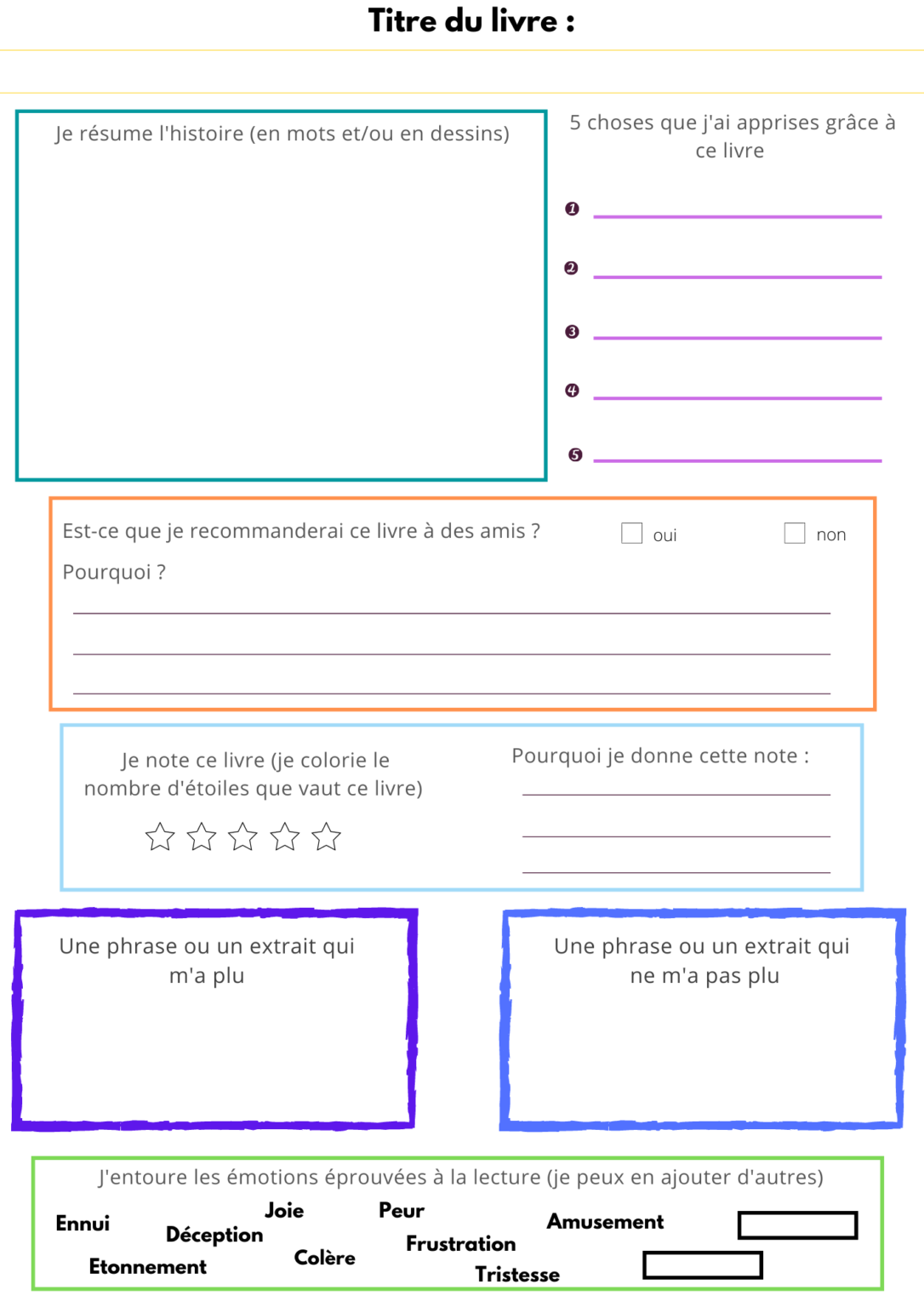 Collège : fiche de lecture pour donner son avis sur un livre lu