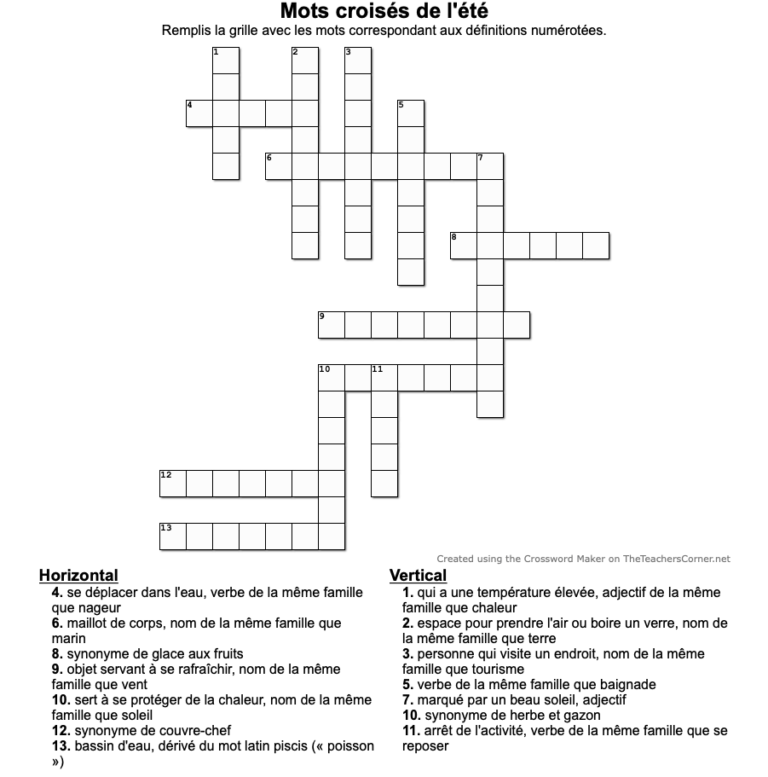 Mots croisés de l'été (pour les enfants de 8 ans et plus)
