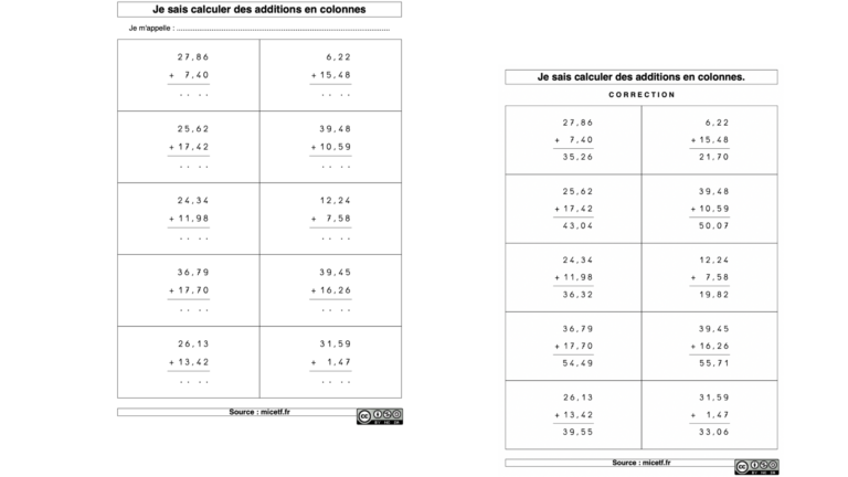 Fiches d'additions à trous avec des nombres décimaux (à imprimer)