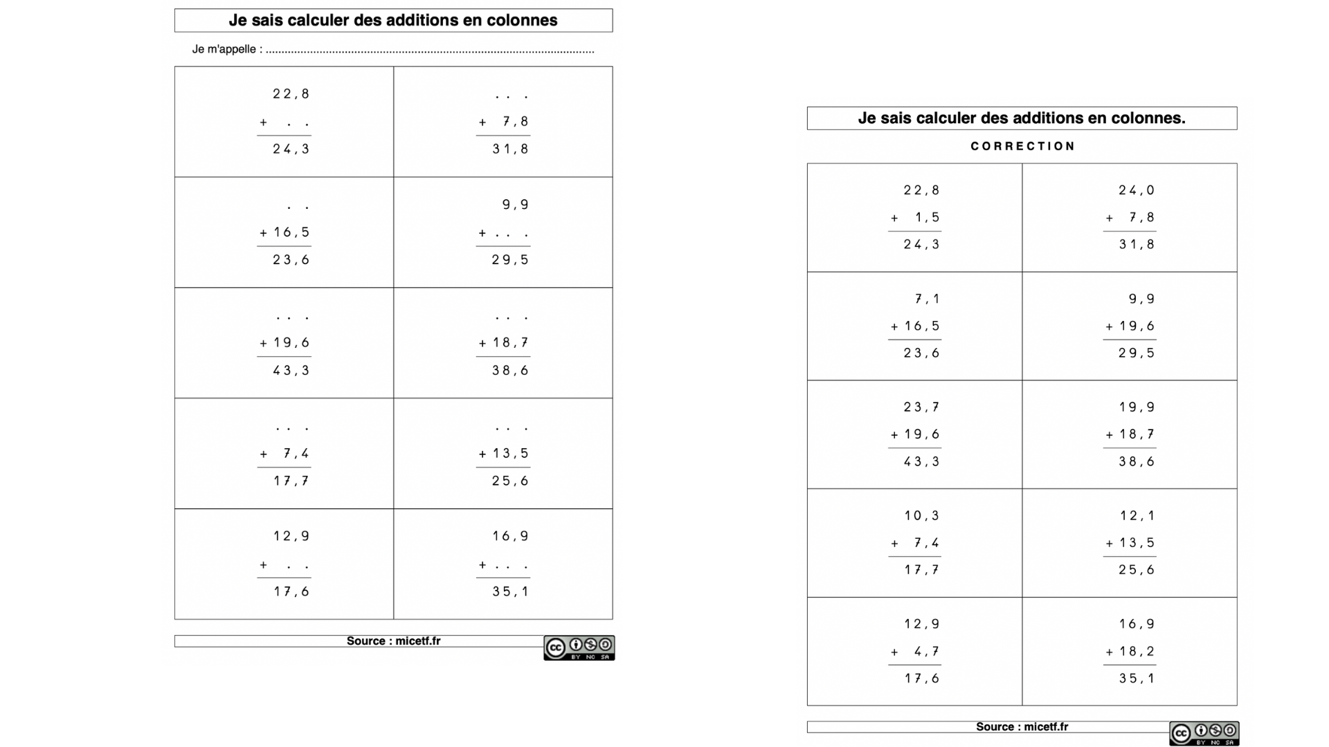 Fiches d'additions à trous avec des nombres décimaux (à imprimer)