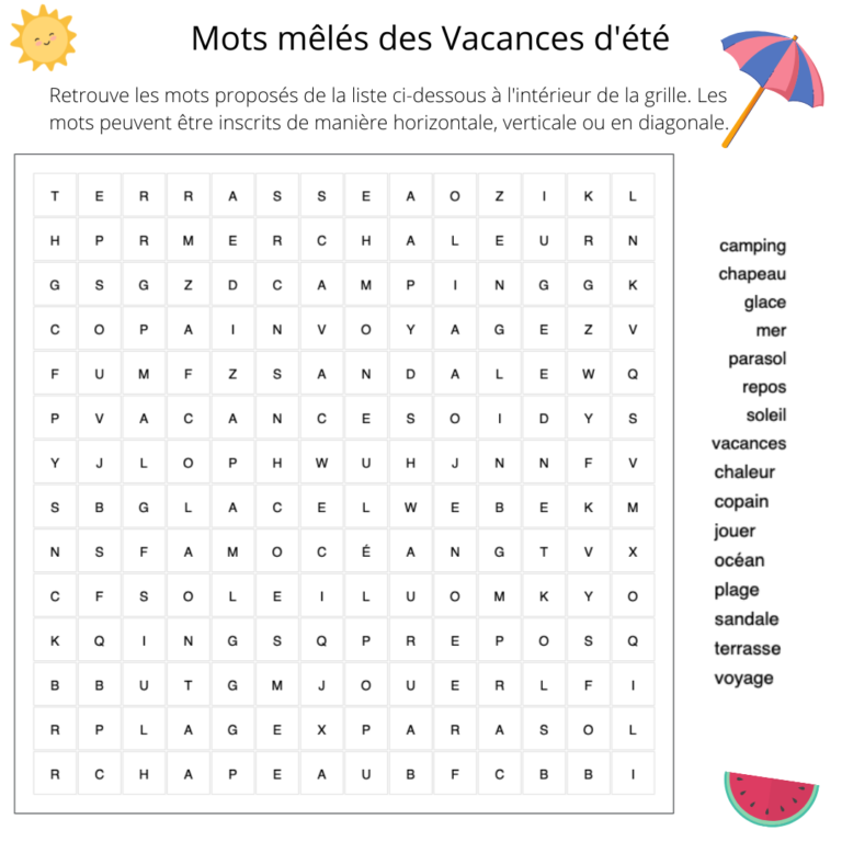 Mots croisés des vacances d'été avec des mots du champ lexical de l’été