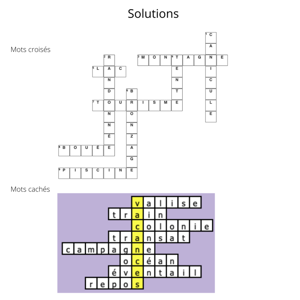 Mots croisés des vacances d'été avec des mots du champ lexical de l’été