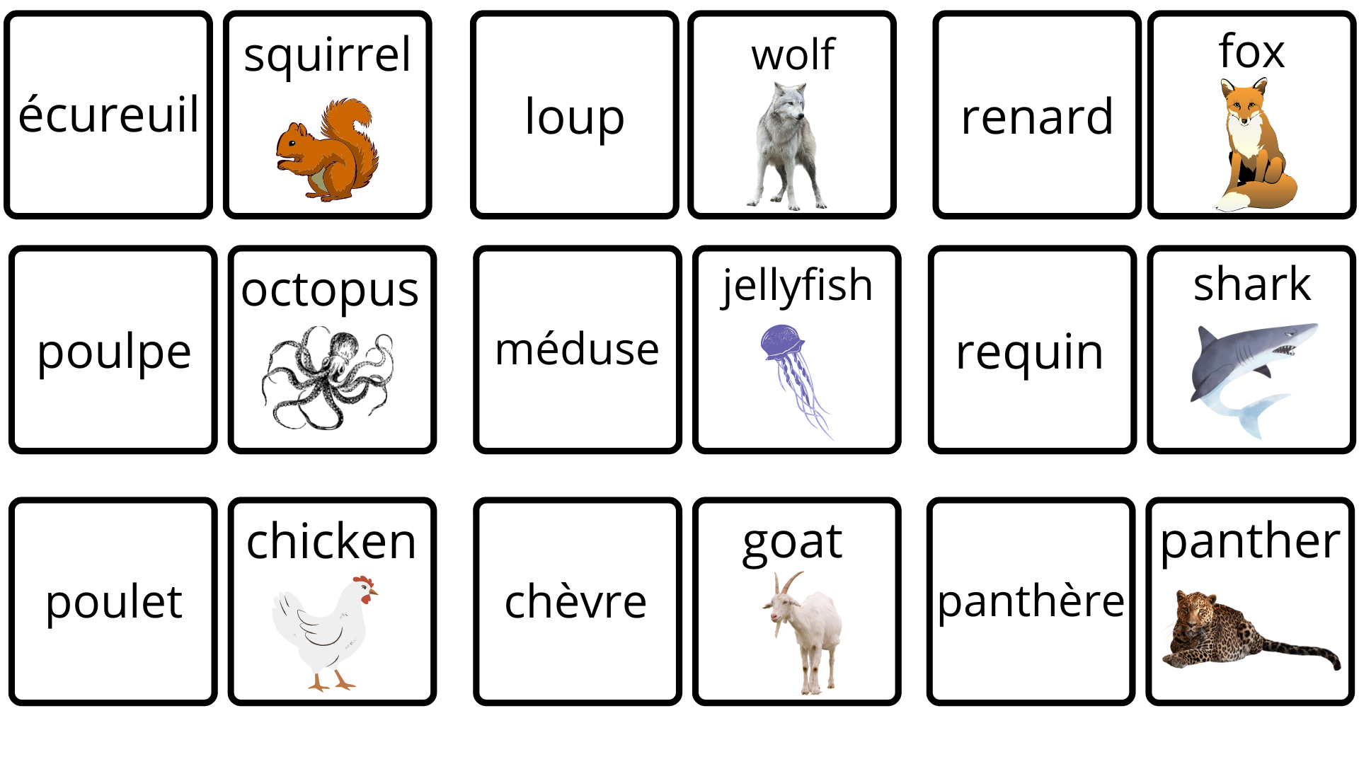 Memory des noms d'animaux en anglais (cartes de vocabulaire)