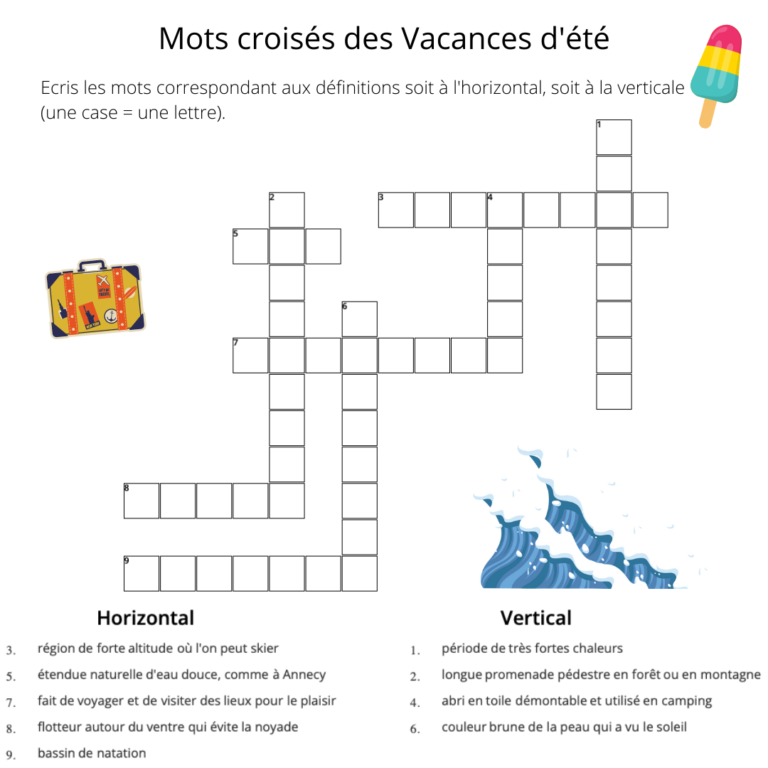 Mots croisés des vacances d'été avec des mots du champ lexical de l’été