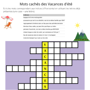 Mots croisés des vacances d'été avec des mots du champ lexical de l’été