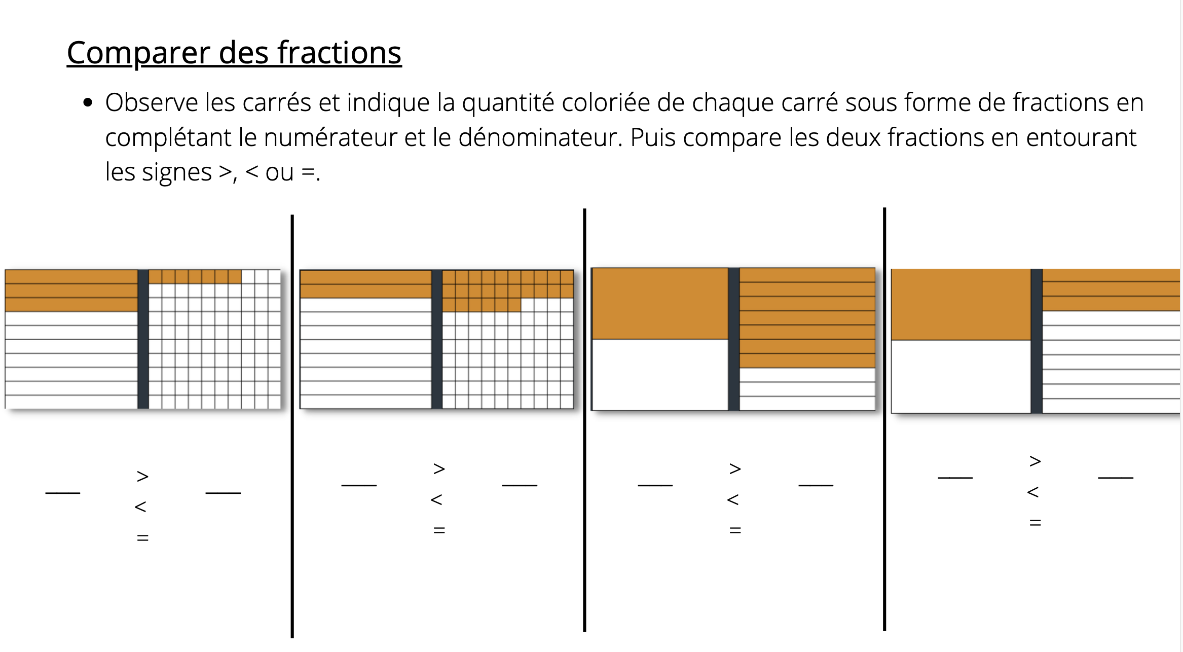 3 exercices pour la découverte des fractions (comparer, décomposer)