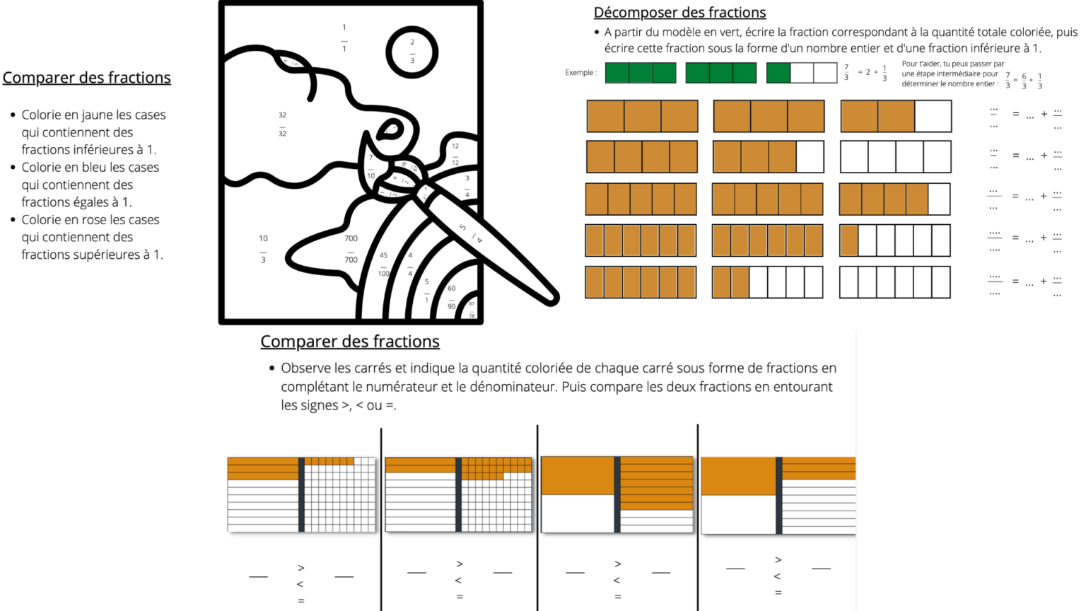3 exercices pour la découverte des fractions (comparer, décomposer)