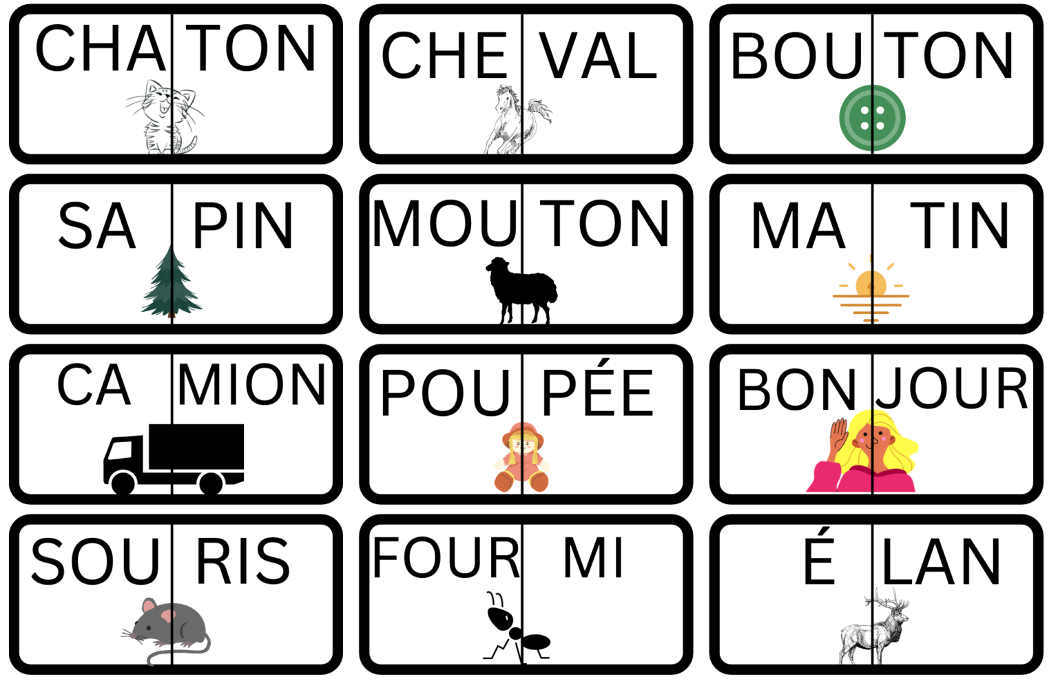 Jeu des syllabes : 36 cartes pour reconstituer des mots imagés