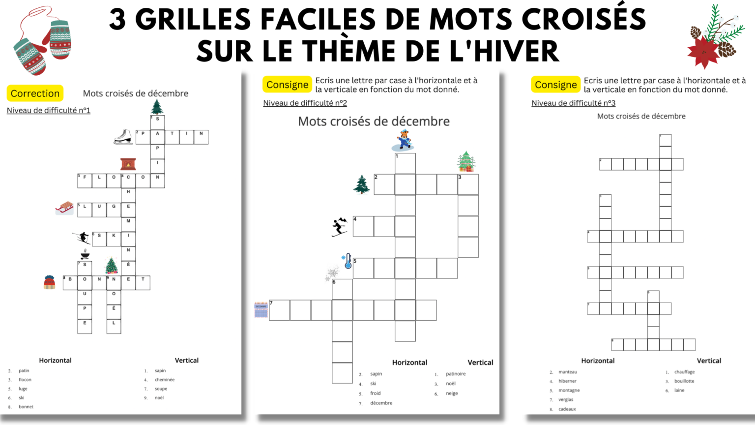 grilles faciles mots croises theme hiver - Apprendre, réviser, mémoriser