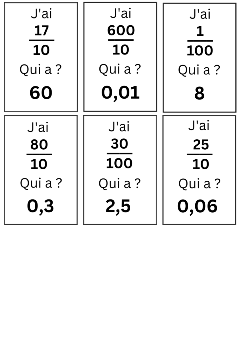 Jeu J'ai qui a : 24 cartes pour l'équivalence fractions et nombres décimaux