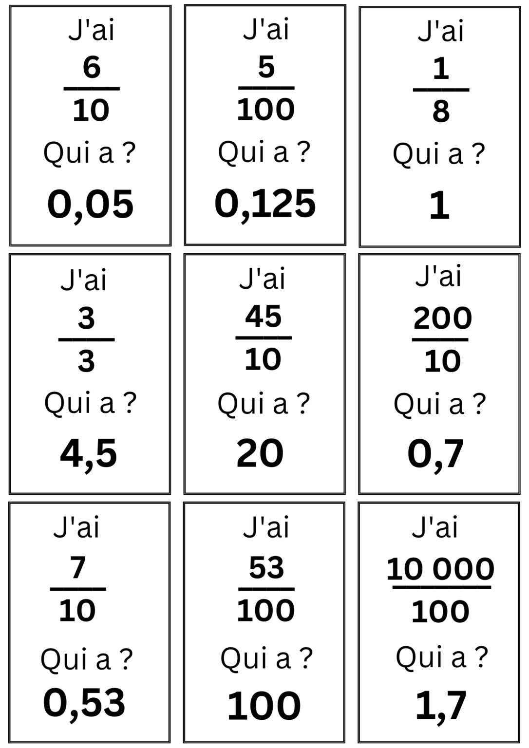 Jeu J'ai qui a : 24 cartes pour l'équivalence fractions et nombres décimaux