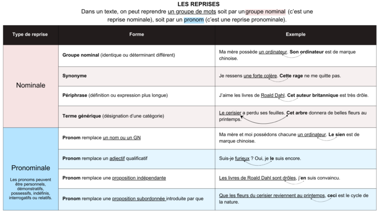 Tableau des reprises en français : reprises nominales et pronominales