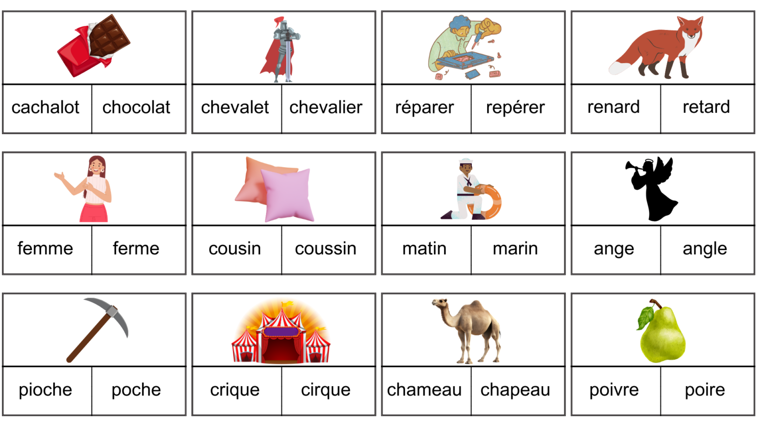 Lire des mots qui se ressemblent : 24 cartes pour entraîner le décodage