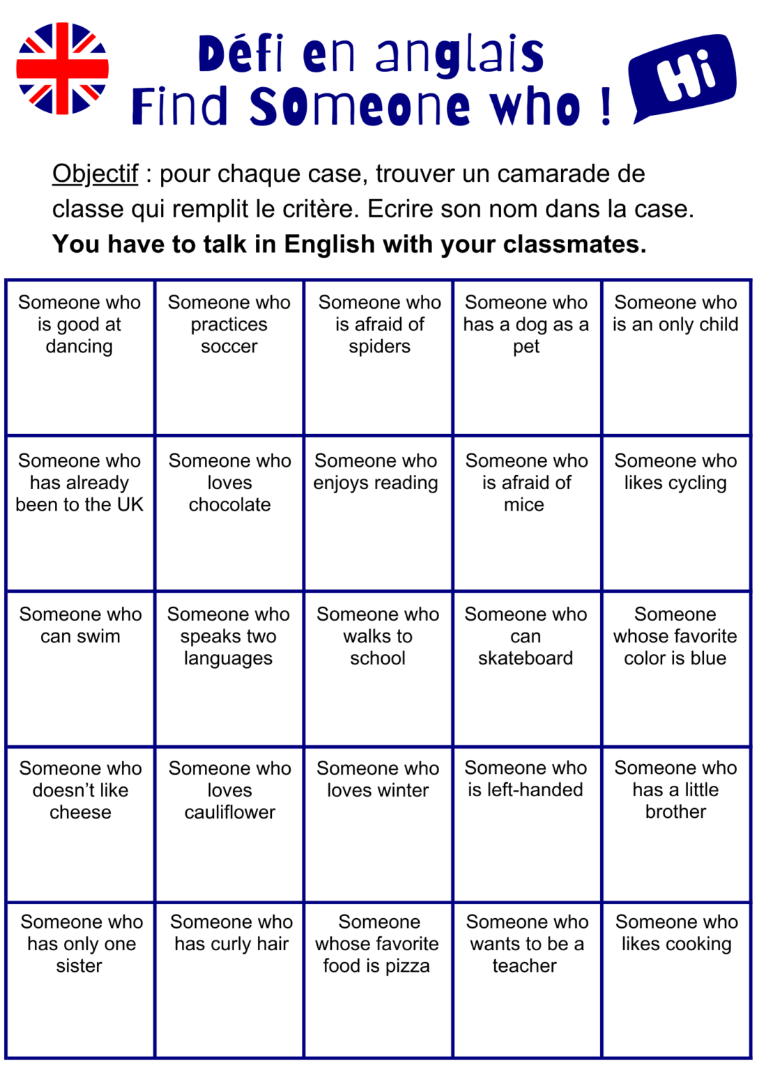 Activité pour l'expression orale en anglais : find someone who