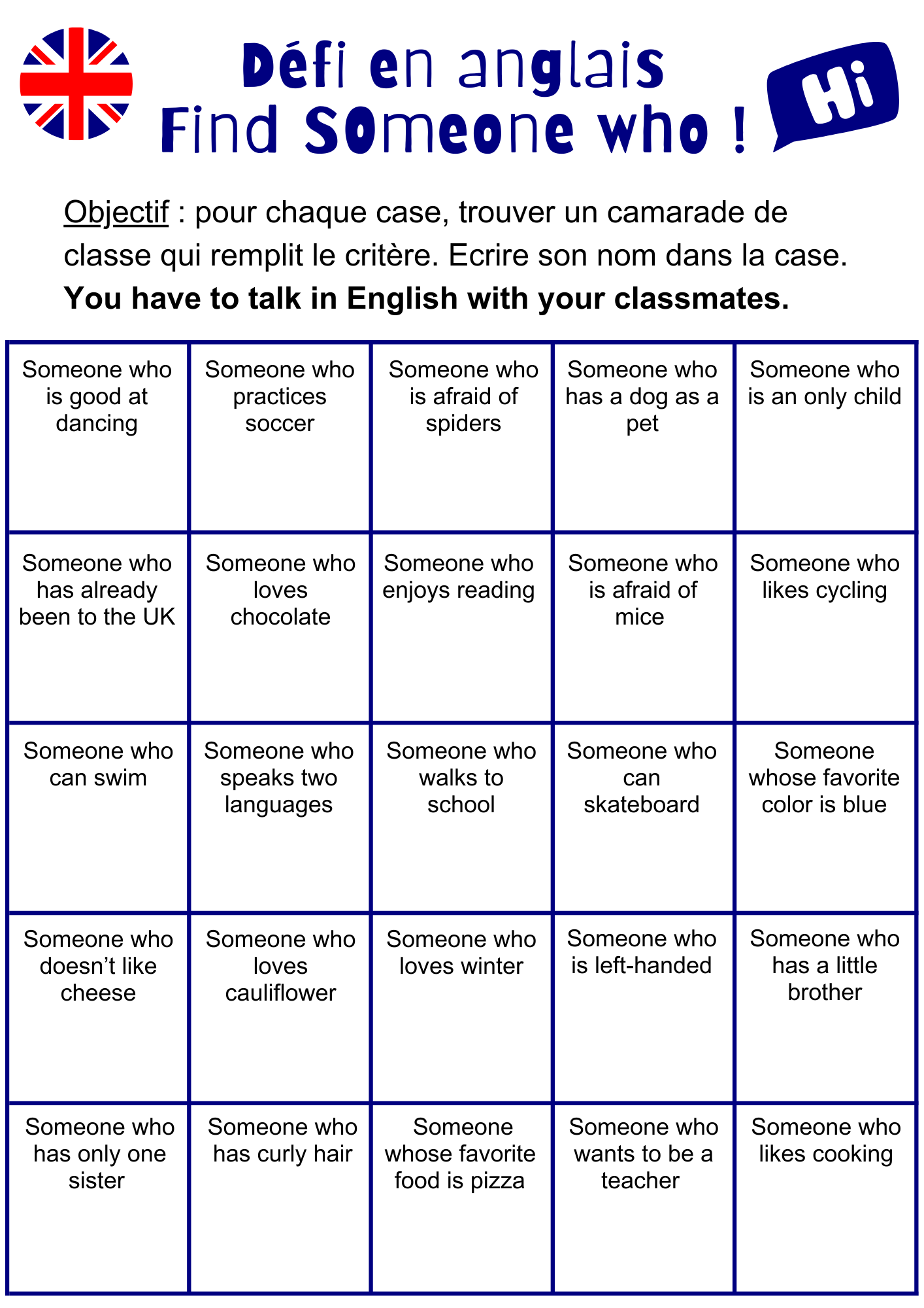 Activité pour l'expression orale en anglais : find someone who