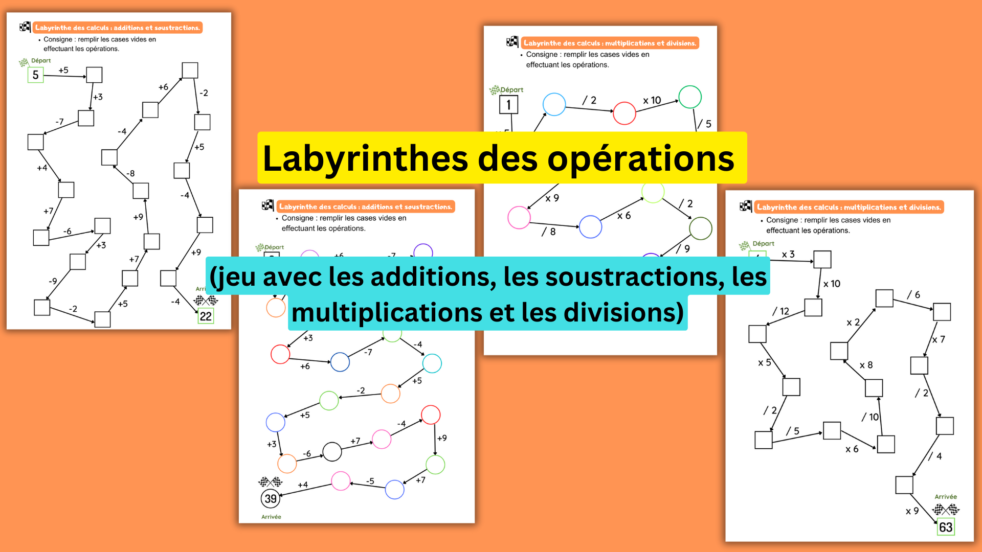 Labyrinthes des opérations (jeu avec les additions, les soustractions)