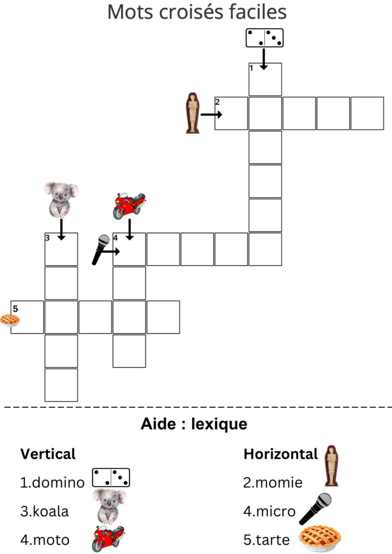 Mots croisés faciles (maternelle et CP) pour s'entraîner à encoder