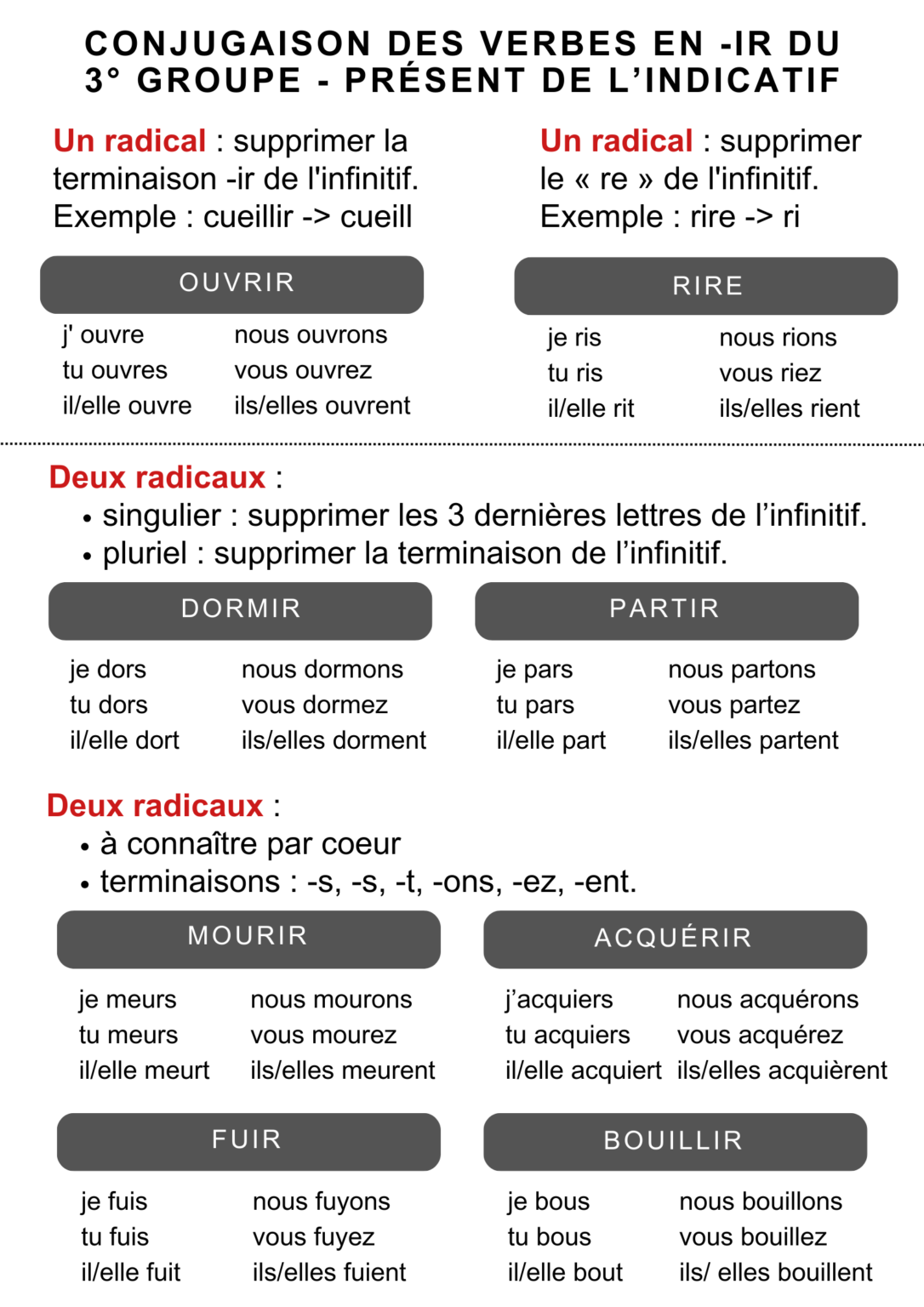 Conjugaison des verbes en -IR au présent de l'indicatif