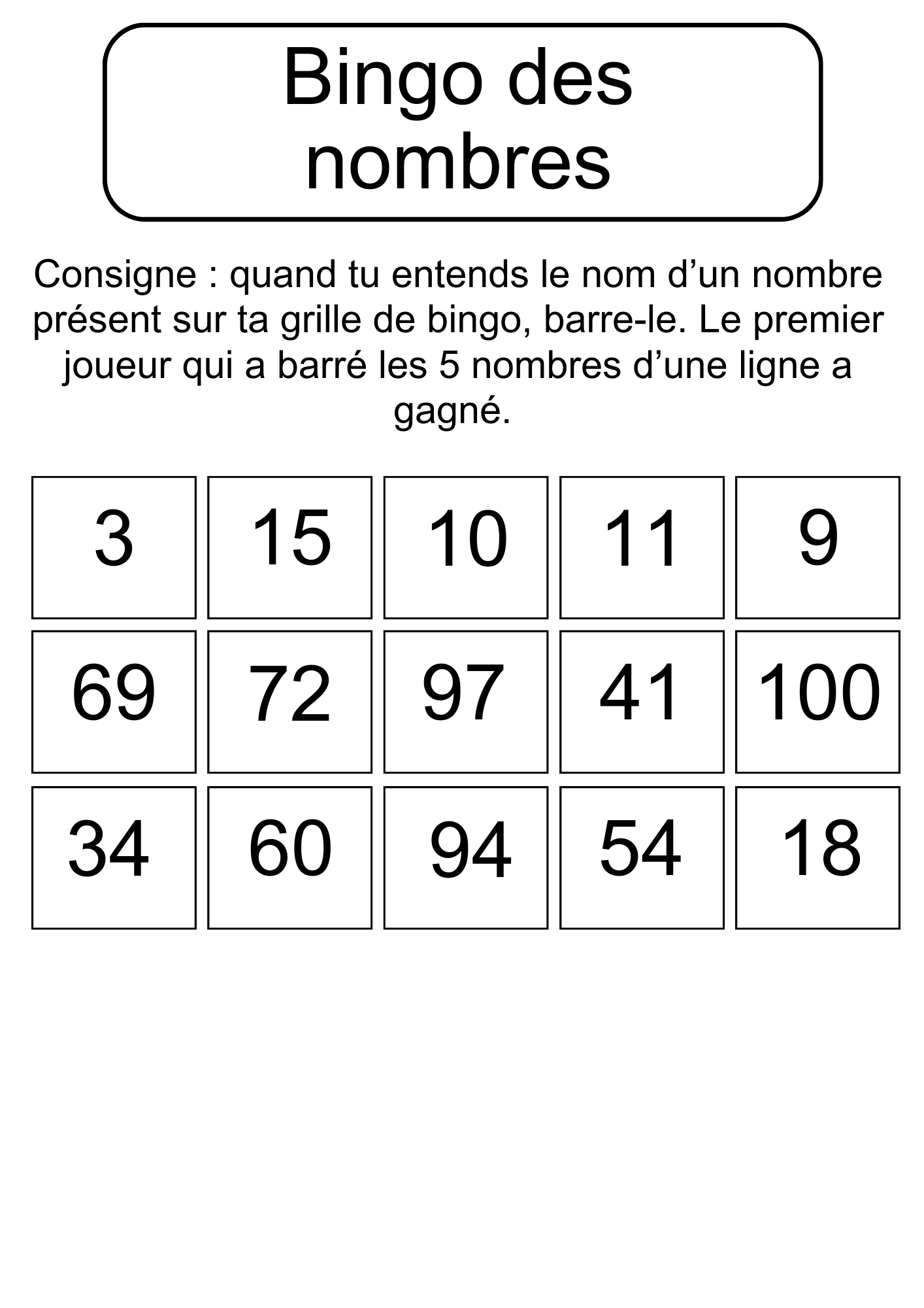 Bingo des nombres de 1 à 100 (PDF à télécharger)