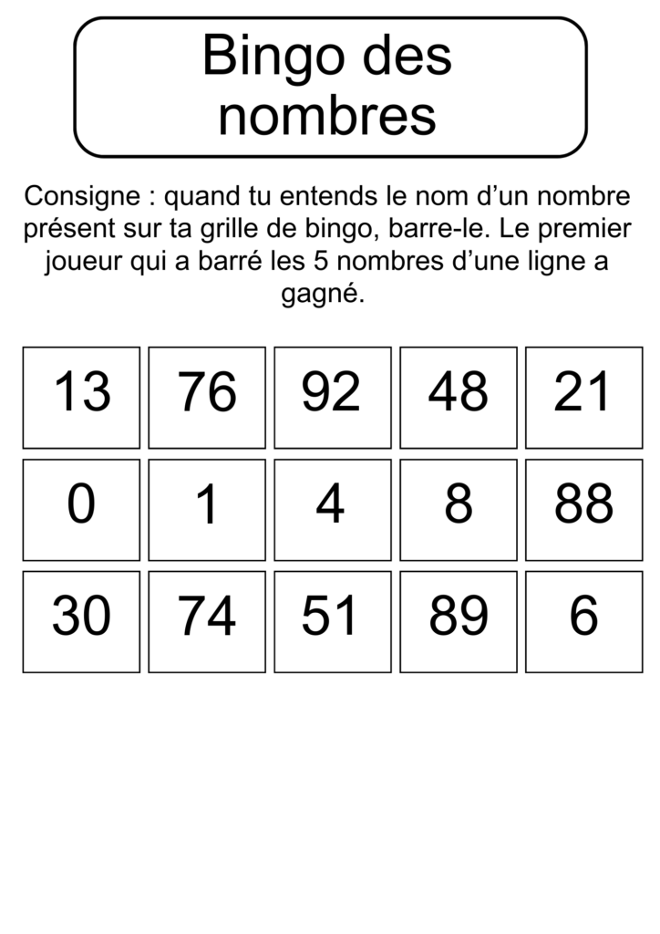 bingo des nombres de 1 à 100 - Apprendre, réviser, mémoriser