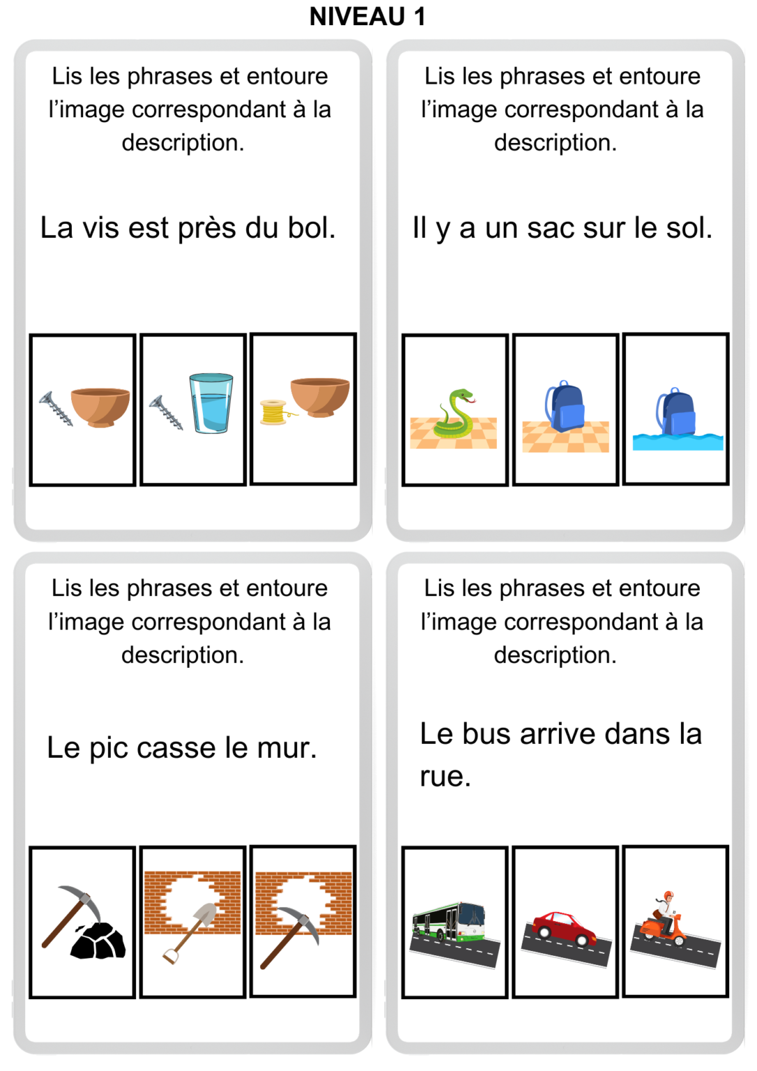 4 fiches de lecture pour le CP (4 niveaux pour la compréhension)