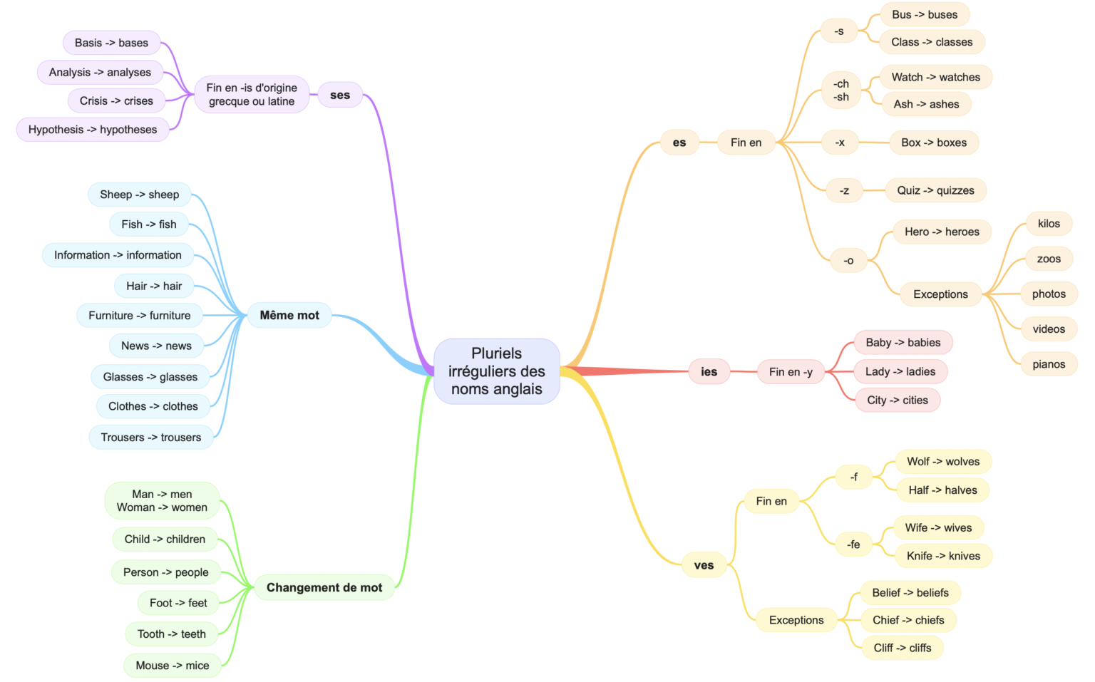 Carte mentale des pluriels irréguliers des noms communs anglais