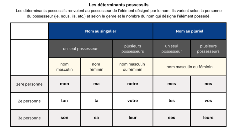 Tableau des déterminants possessifs en français (grammaire)