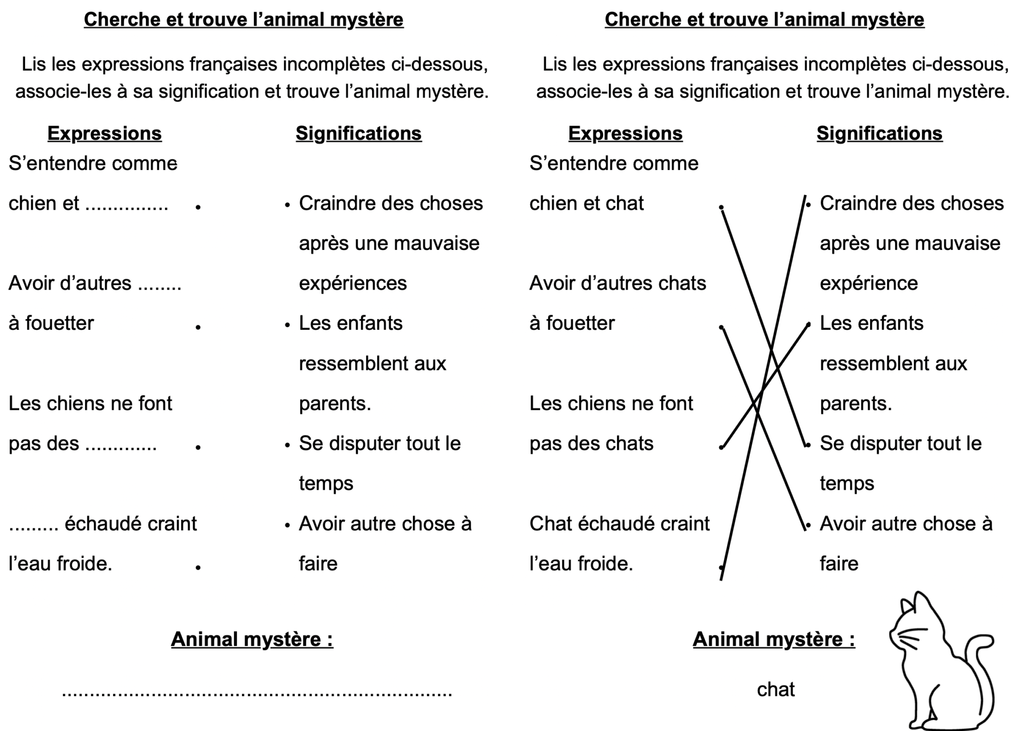 5 activités sur les expressions imagées en français avec des animaux
