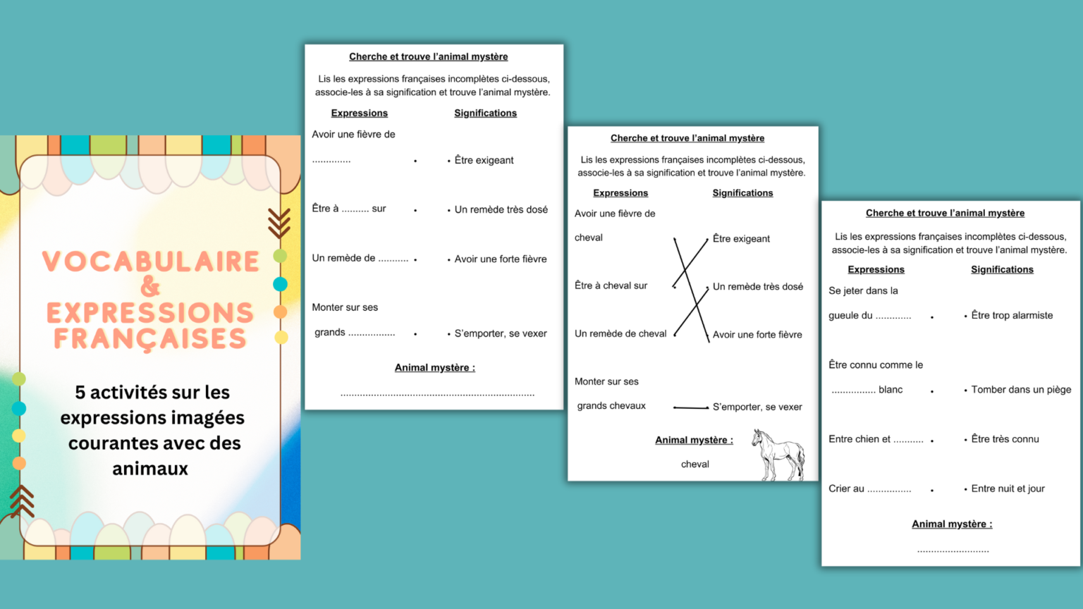 5 activités sur les expressions imagées en français avec des animaux