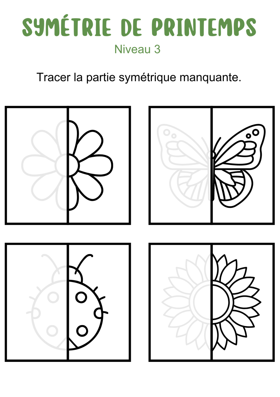 3 fiches de symétrie pour la maternelle sur le thème du printemps