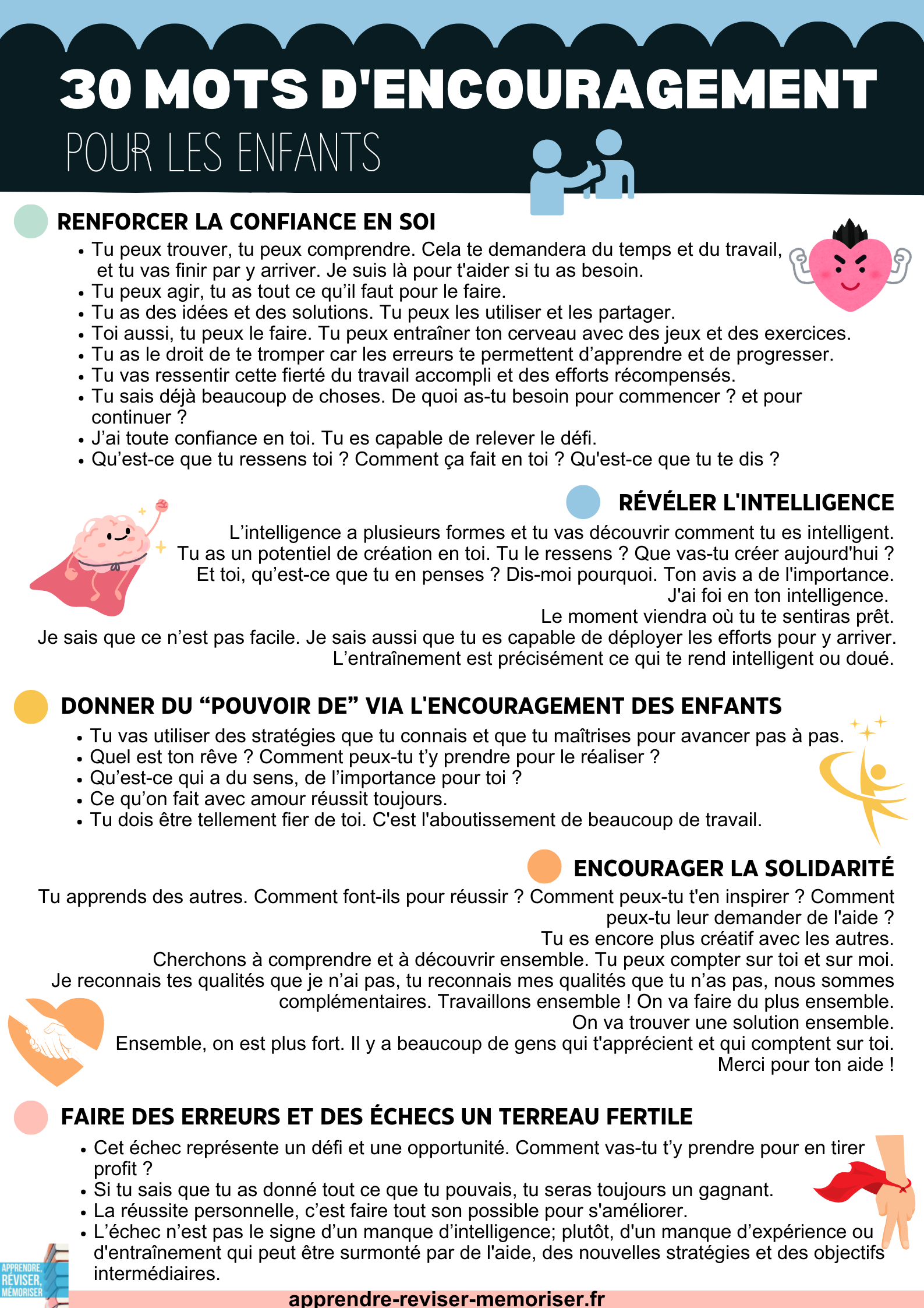 30 mots d'encouragement pour les enfants - Apprendre, réviser, mémoriser