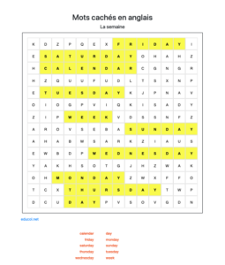 Mots cachés en anglais - noms des jours et des mois