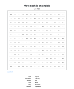 Mots cachés en anglais - noms des jours et des mois