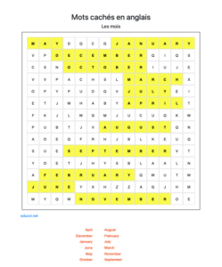 Mots cachés en anglais - noms des jours et des mois