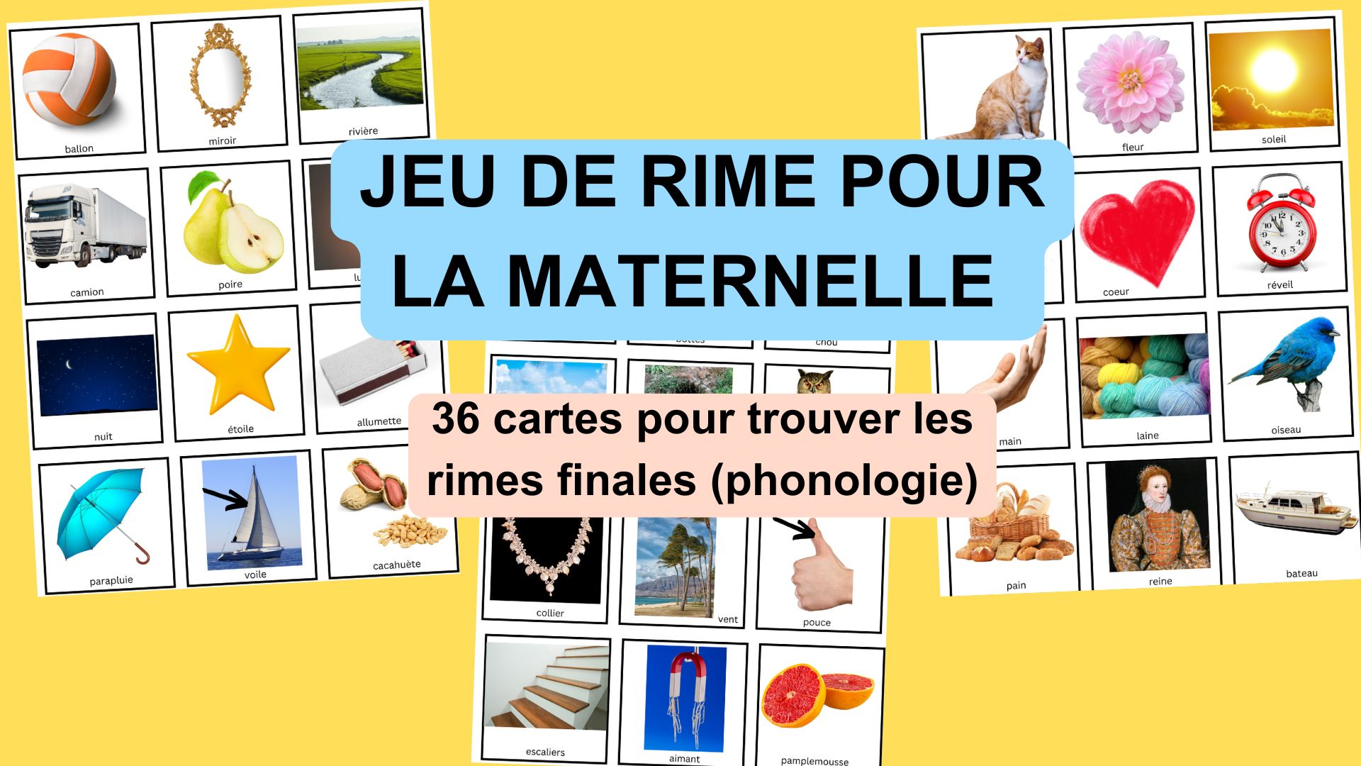 Jeu de rime pour la maternelle : 36 cartes pour trouver les rimes finales
