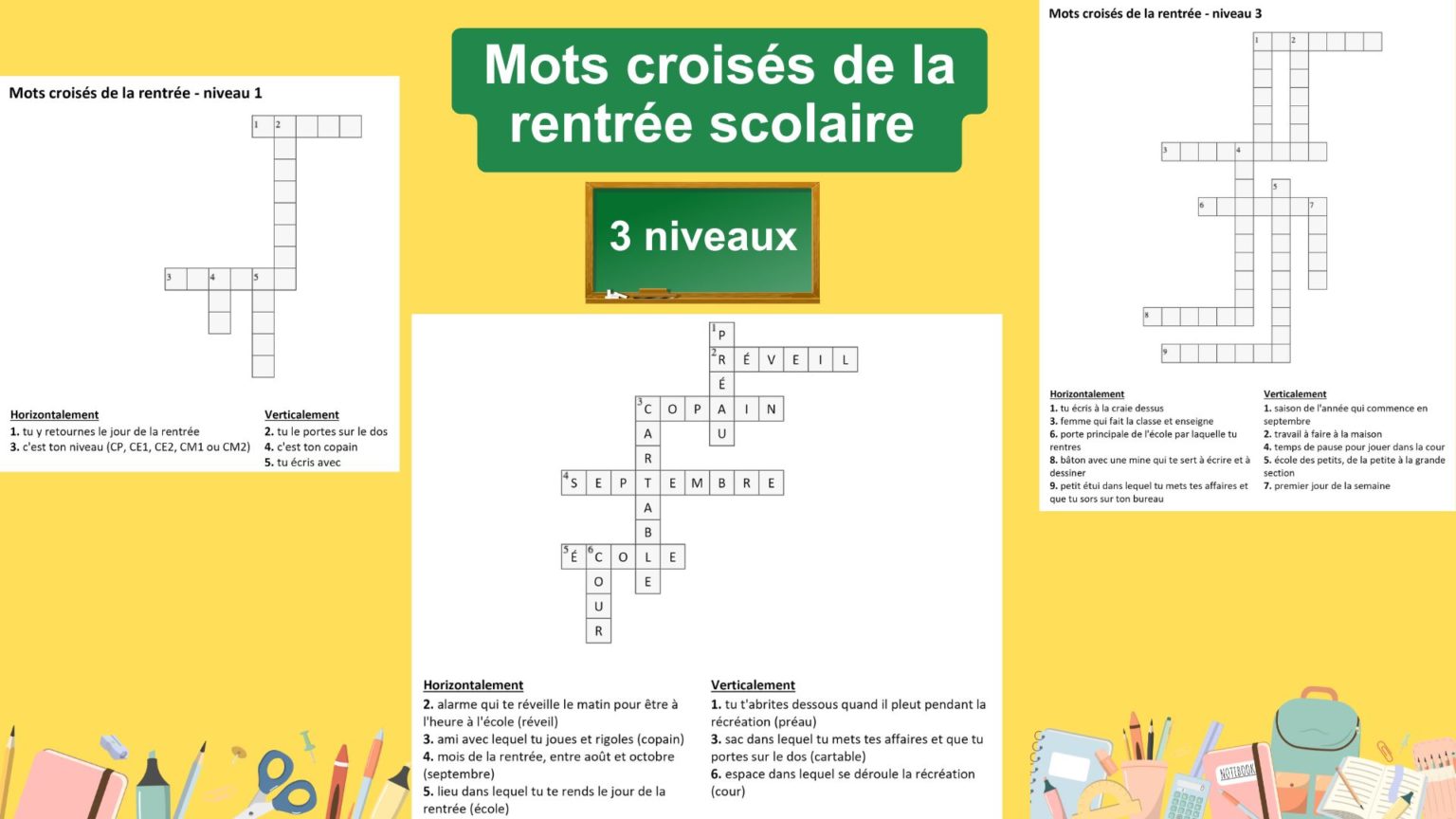 Mots croisés de la rentrée scolaire - 3 niveaux (cycle 2 et 3)