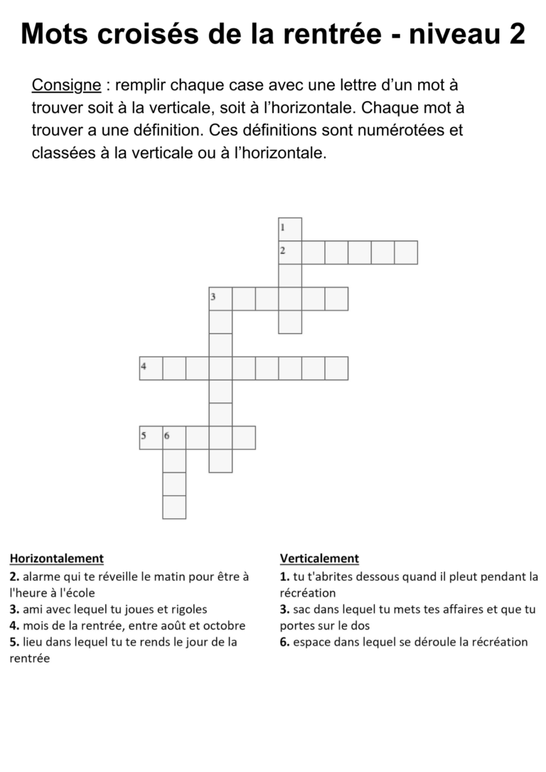 Mots croisés de la rentrée scolaire - 3 niveaux (cycle 2 et 3)