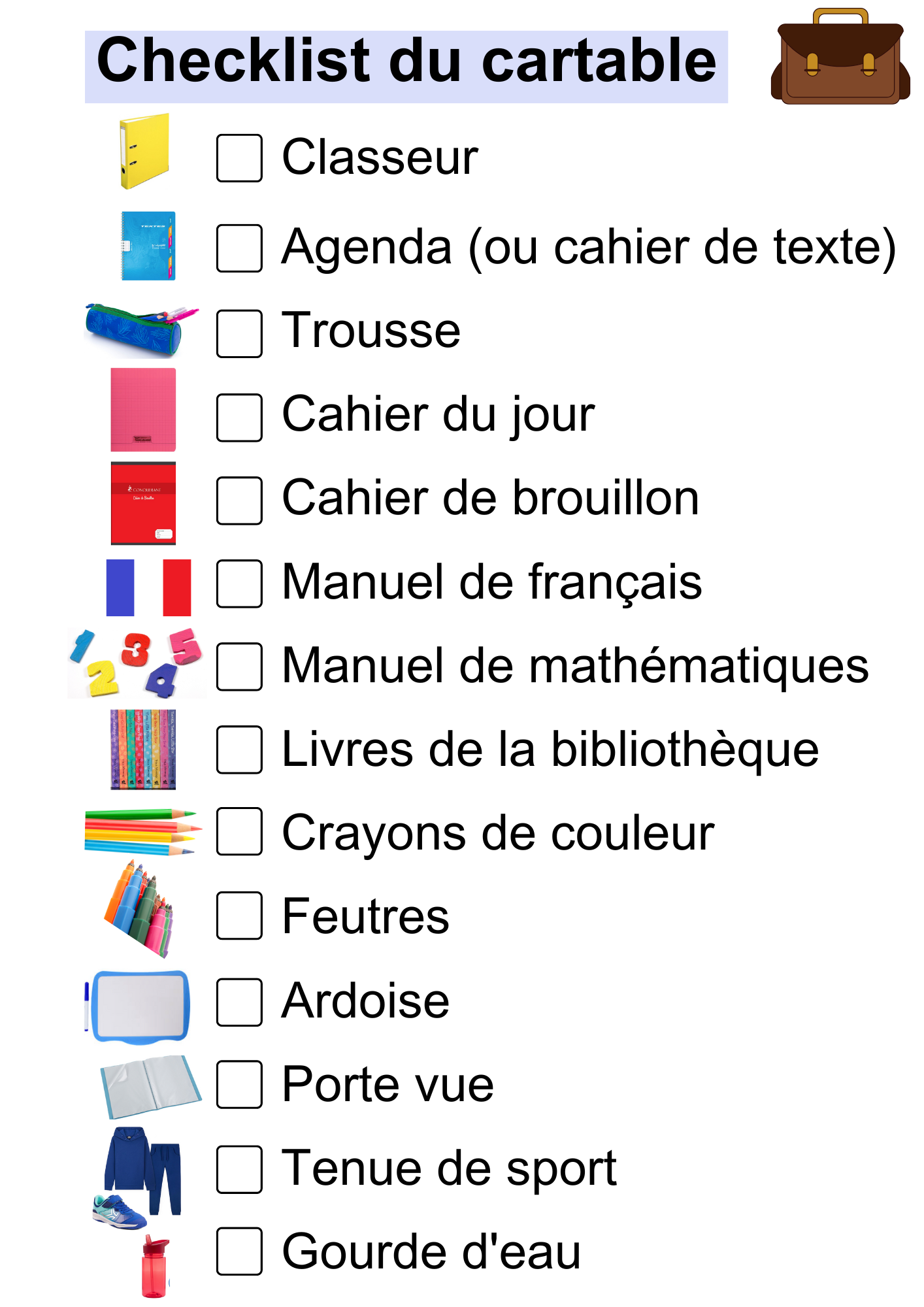 checklist cartable - Apprendre, réviser, mémoriser