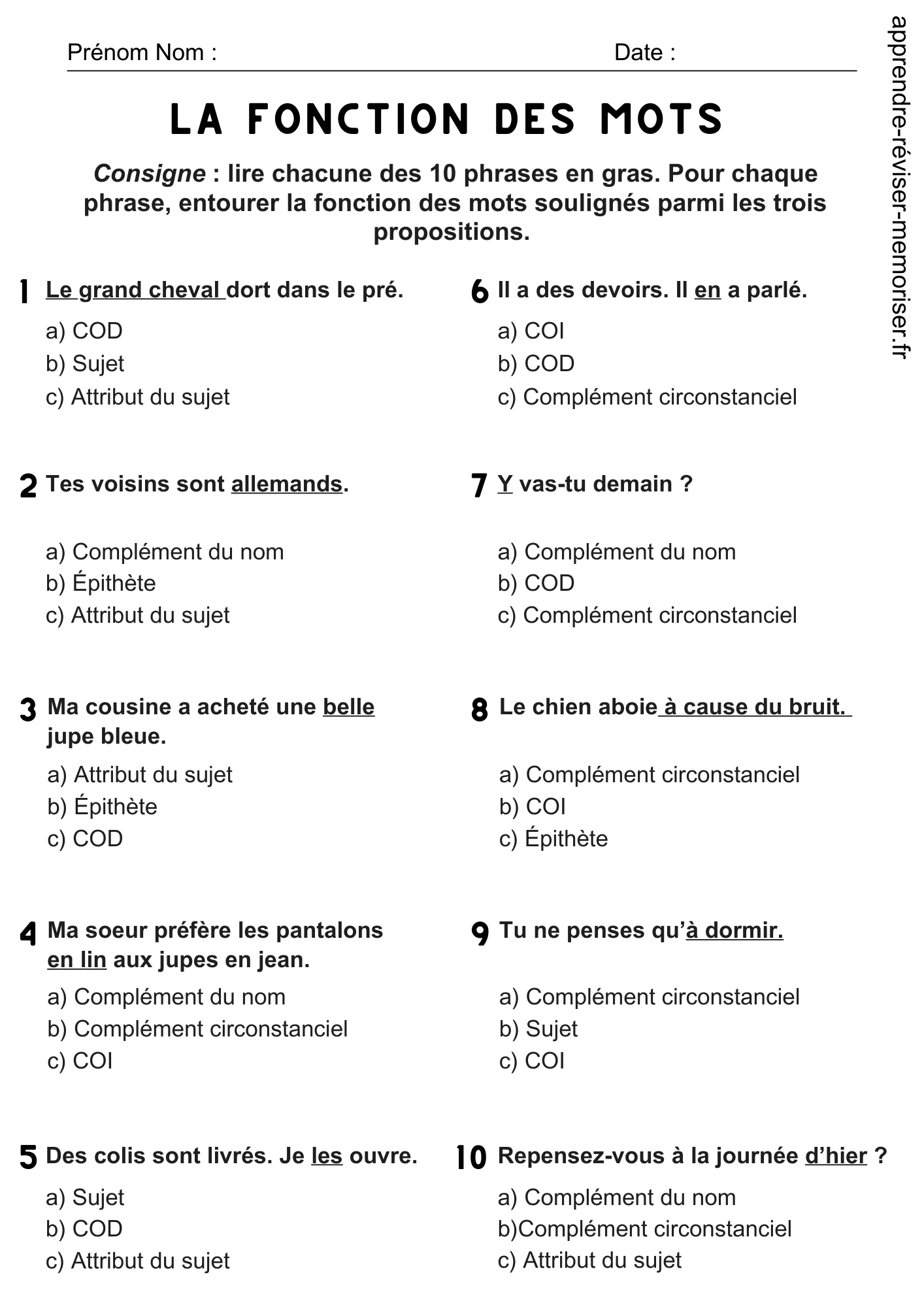 La fonction des mots (exercices de grammaire en français)