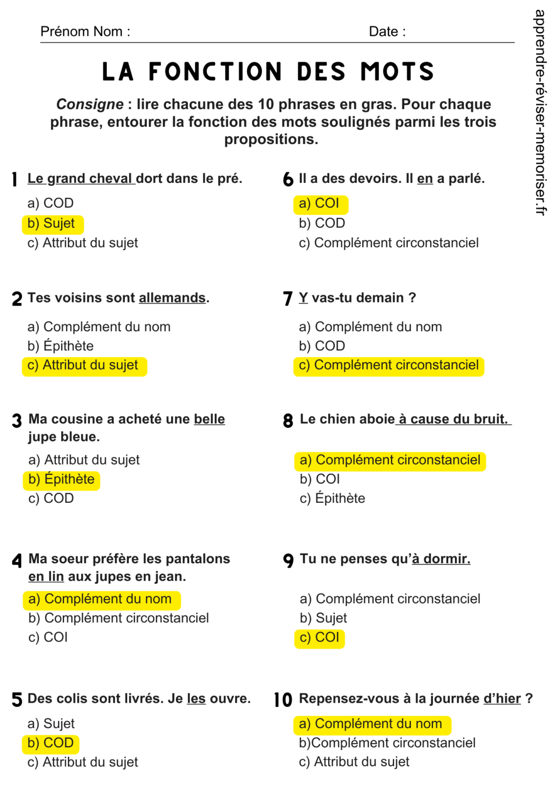 La fonction des mots (exercices de grammaire en français)