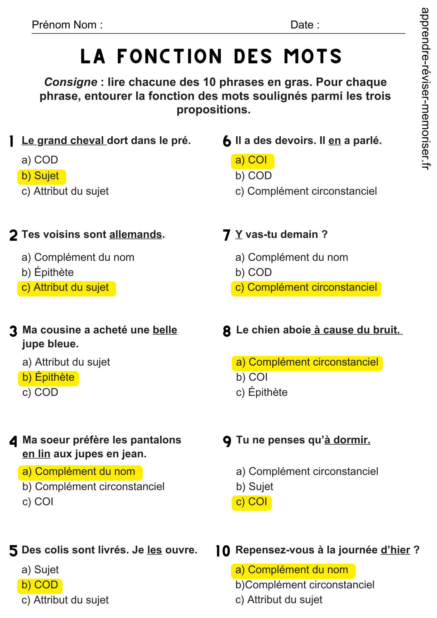 La fonction des mots (exercices de grammaire en français) La fonction des mots (exercices de grammaire en français)