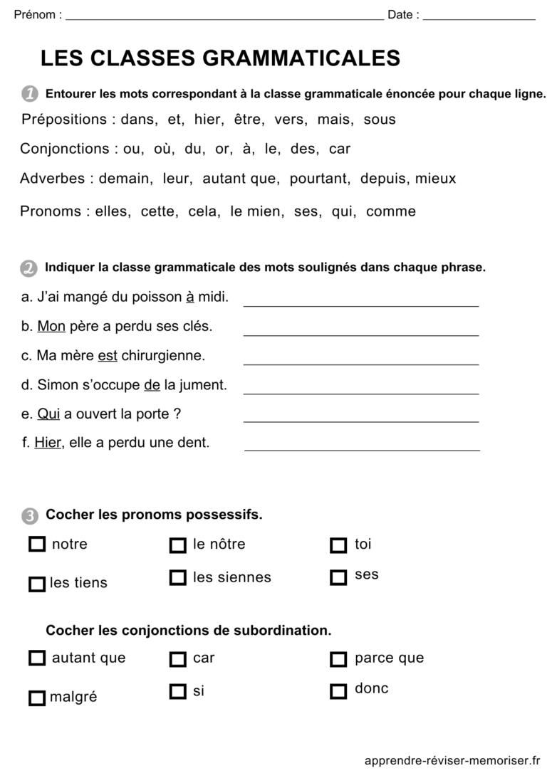 Exercices sur les classes grammaticales (nature des mots en français)