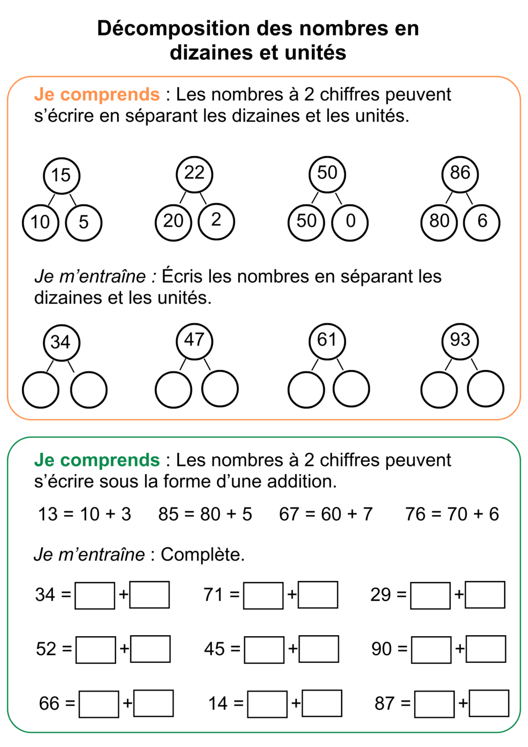 Exercices sur la décomposition des nombres en dizaines et en unités