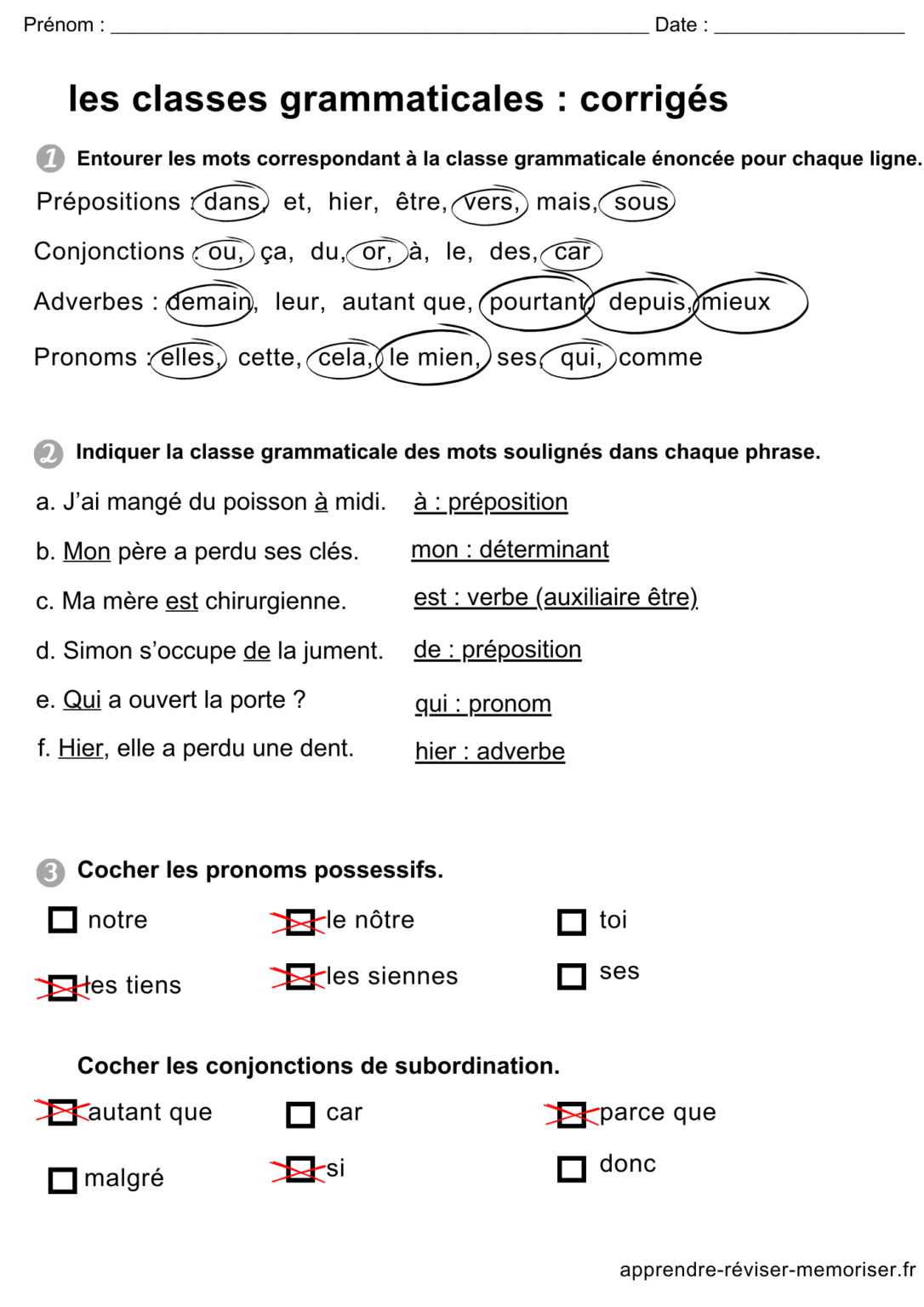 Exercices sur les classes grammaticales (nature des mots en français)