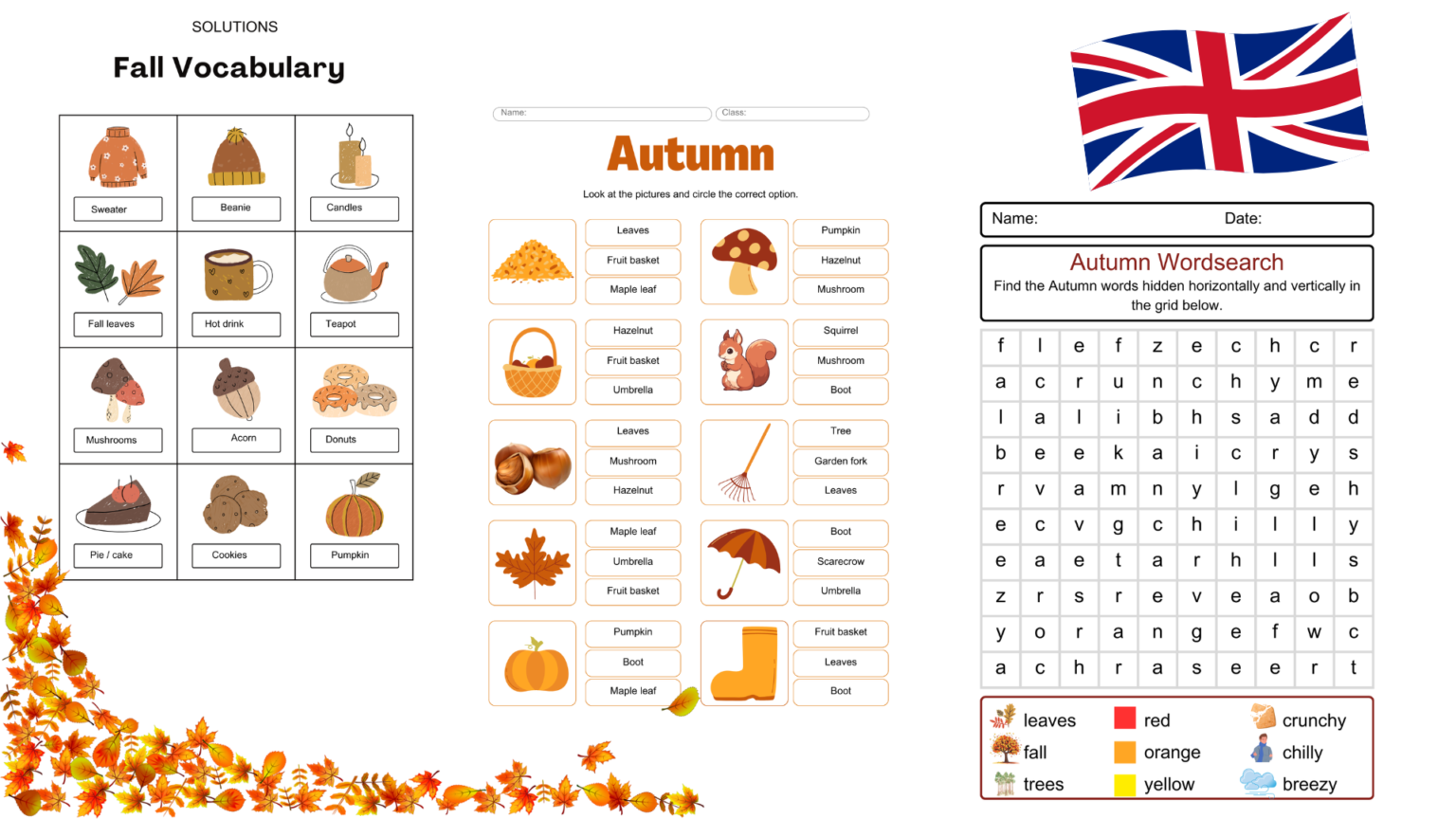 Exercices de vocabulaire en anglais sur l'automne (3 fiches)