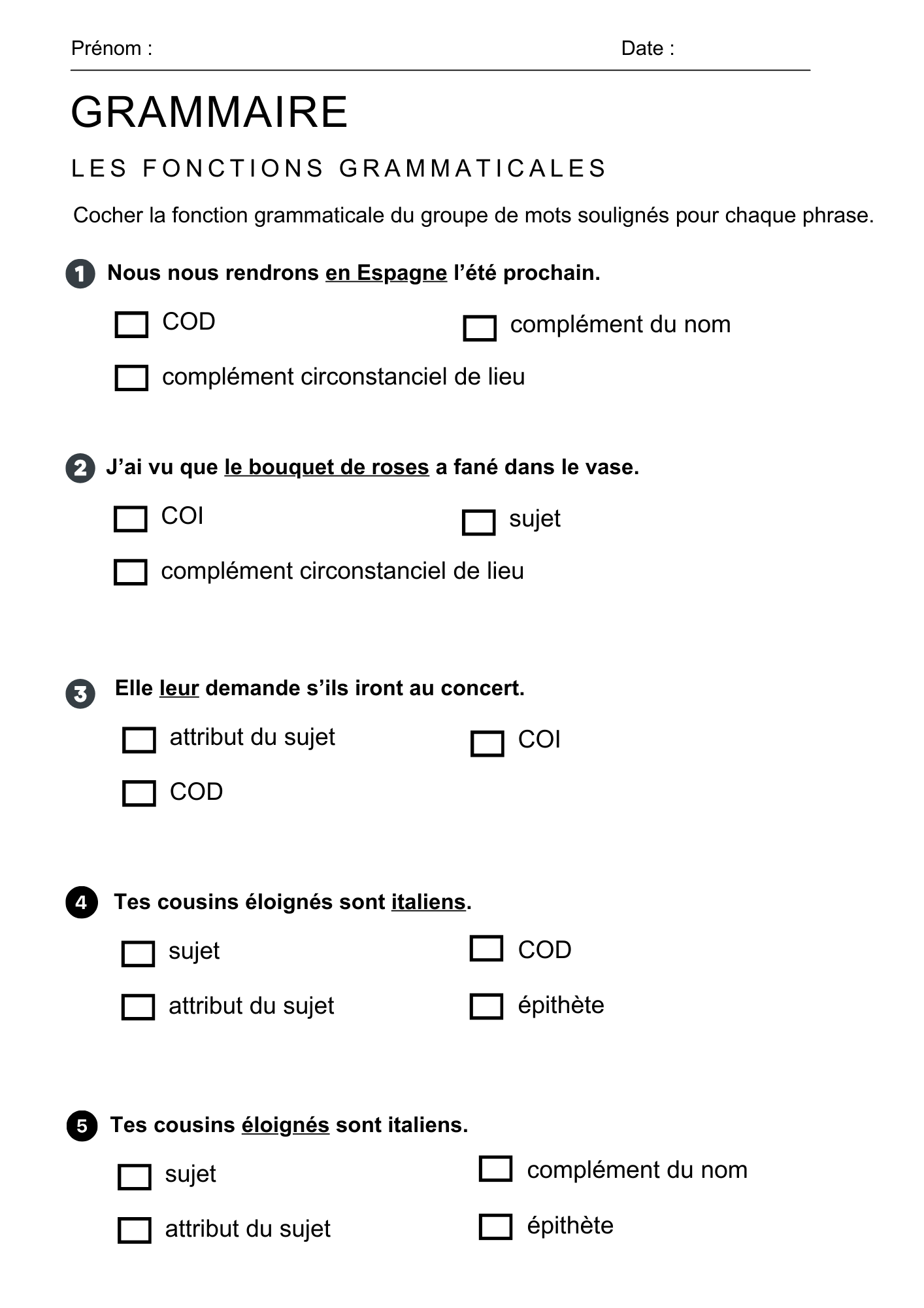 Exercices sur les fonctions grammaticales (fonctions des mots en français)