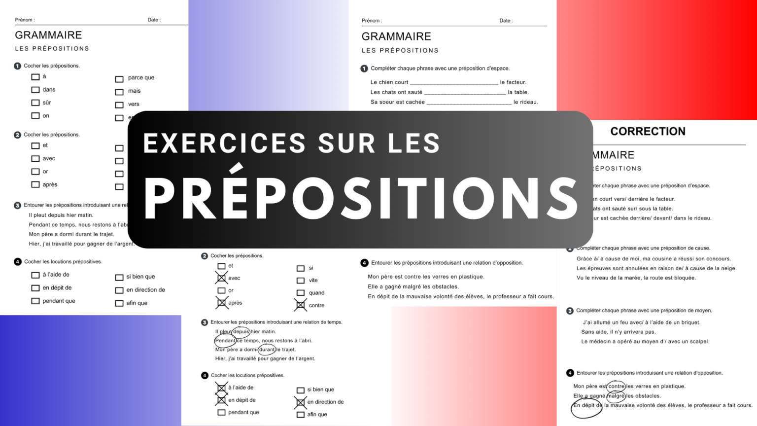 Exercices sur les prépositions en français (2 fiches de 8 exercices ...