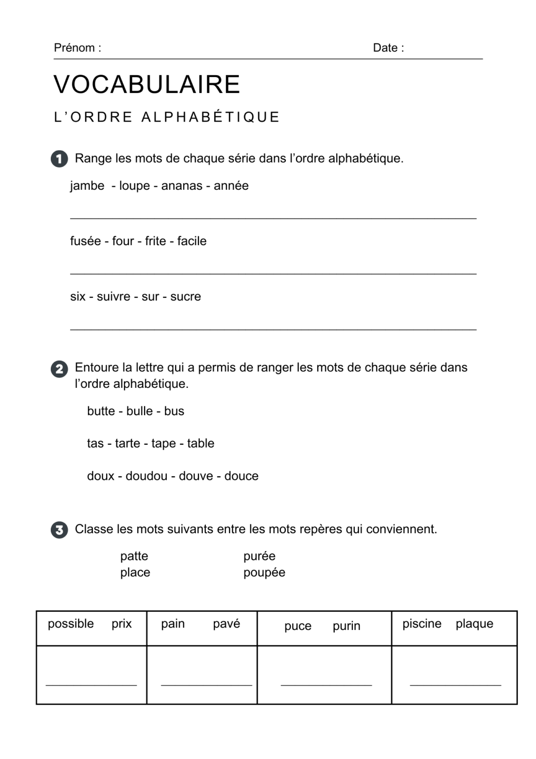 Exercices sur l’ordre alphabétique et le dictionnaire